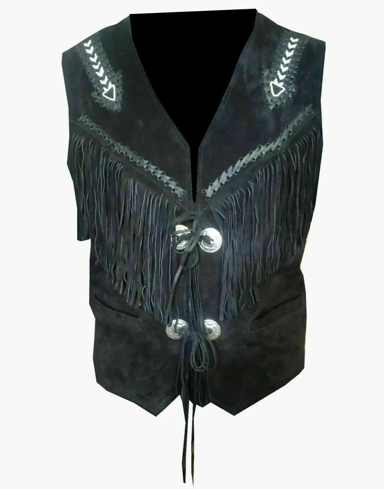 Men's Western Black Suede Leather Fringe Arrow Beaded Vest MV512 – NativeEagleStore