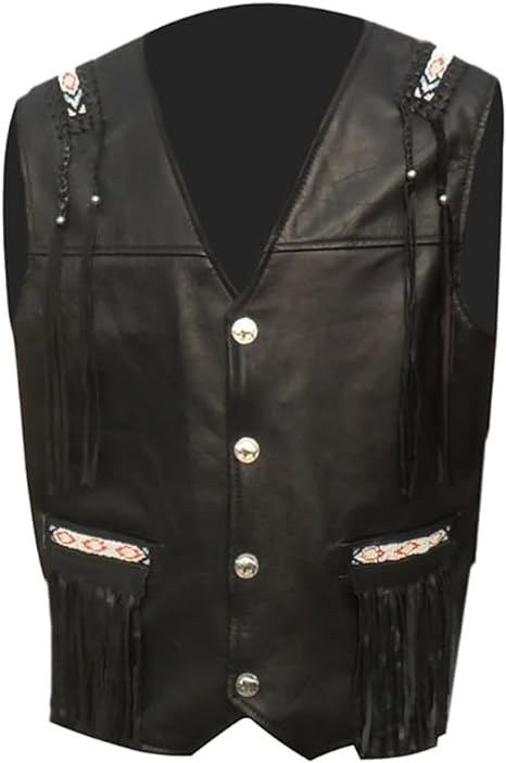 Men's Western Black Leather Fringe Beaded Vest MV518 – NativeEagleStore
