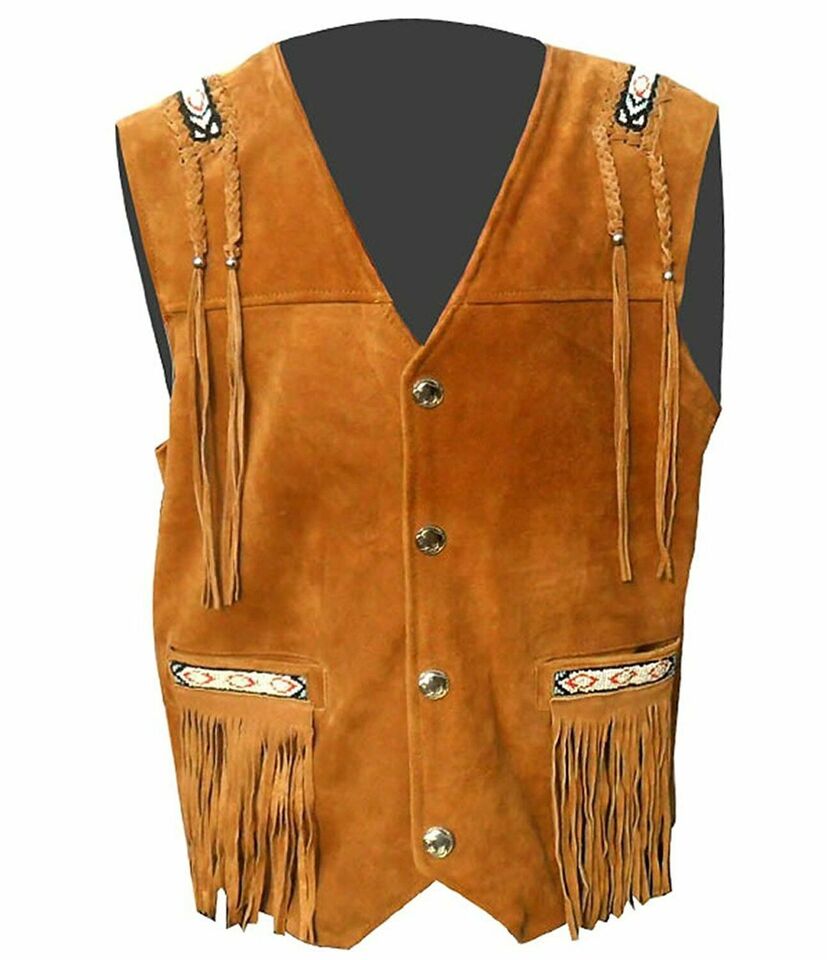 Men's Western Brown Suede Leather Fringe Beaded Vest MV517 – NativeEagleStore
