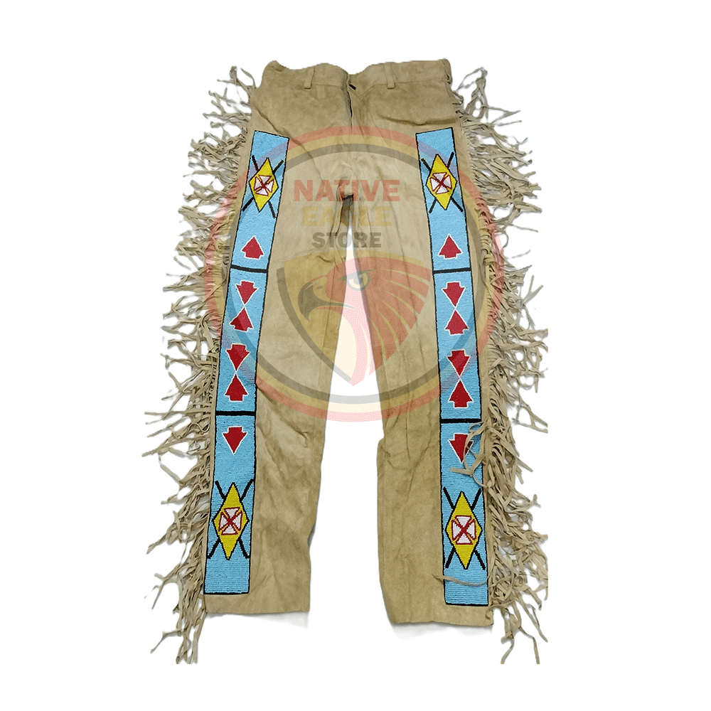 Native Men's Beige Buckskin Suede Leather Fringe Beaded Pants Powwow P ...