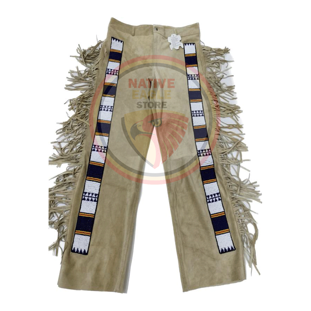 Native Men's Beige Buckskin Suede Leather Fringe Beaded Pants Powwow P ...