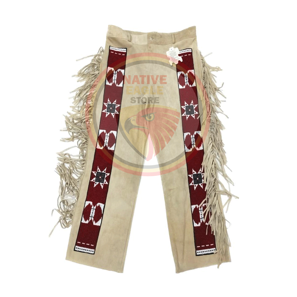 Native Men's Beige Buckskin Suede Leather Fringe Beaded Pants Powwow P ...