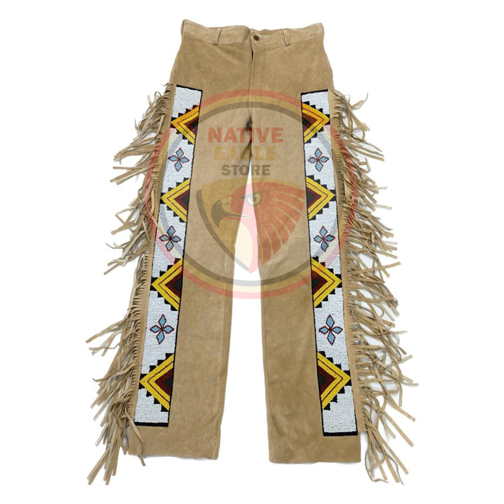 Native Men's Beige Buckskin Suede Leather Fringe Beaded Pants Powwow P ...