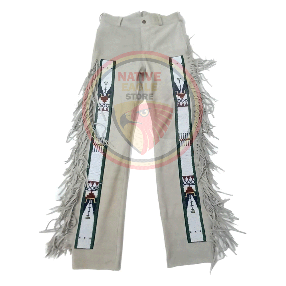 Native Men's Beige Buckskin Suede Leather Fringe Beaded Pants Powwow P ...
