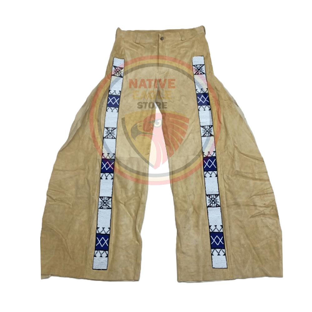 Native Men's Beige Buckskin Suede Leather Fringe Beaded Pants Powwow P ...