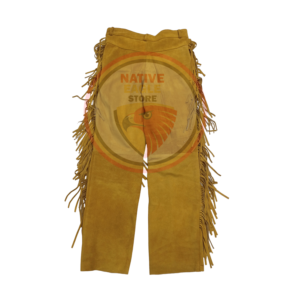 Native Men's Brown Buckskin Suede Leather Fringe Beaded Pants Powwow P ...
