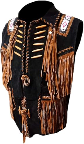 Men's Western Black Suede Leather Fringe Beaded Vest MV514 – NativeEagleStore