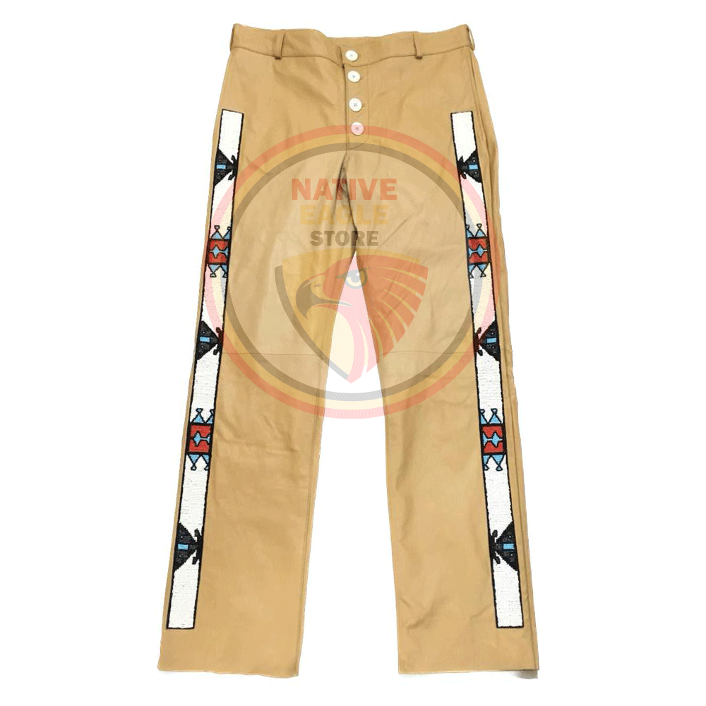 Native Men's Tan Buckskin Leather Beaded Pants Powwow Pant NLP326 ...