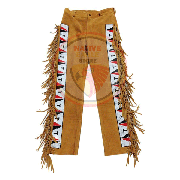 Native Men's Brown Buckskin Suede Leather Fringe Beaded Pants Powwow P ...