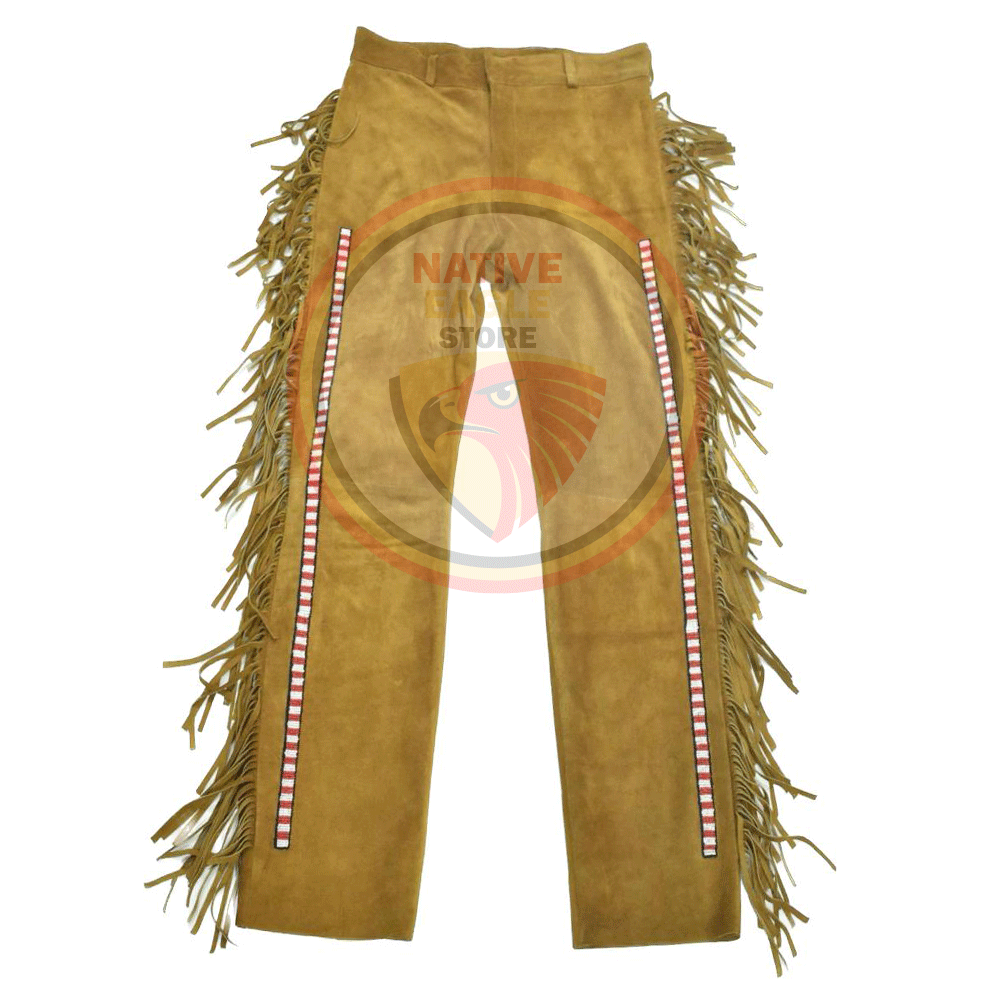 Native Men's Tan Brown Buckskin Suede Leather Fringe Beaded Pants Poww ...