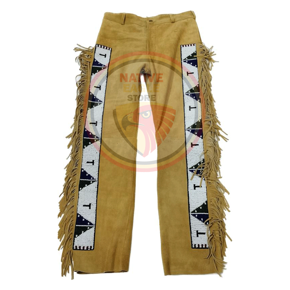 Native Men's Brown Buckskin Suede Leather Fringe Beaded Pants Powwow P ...