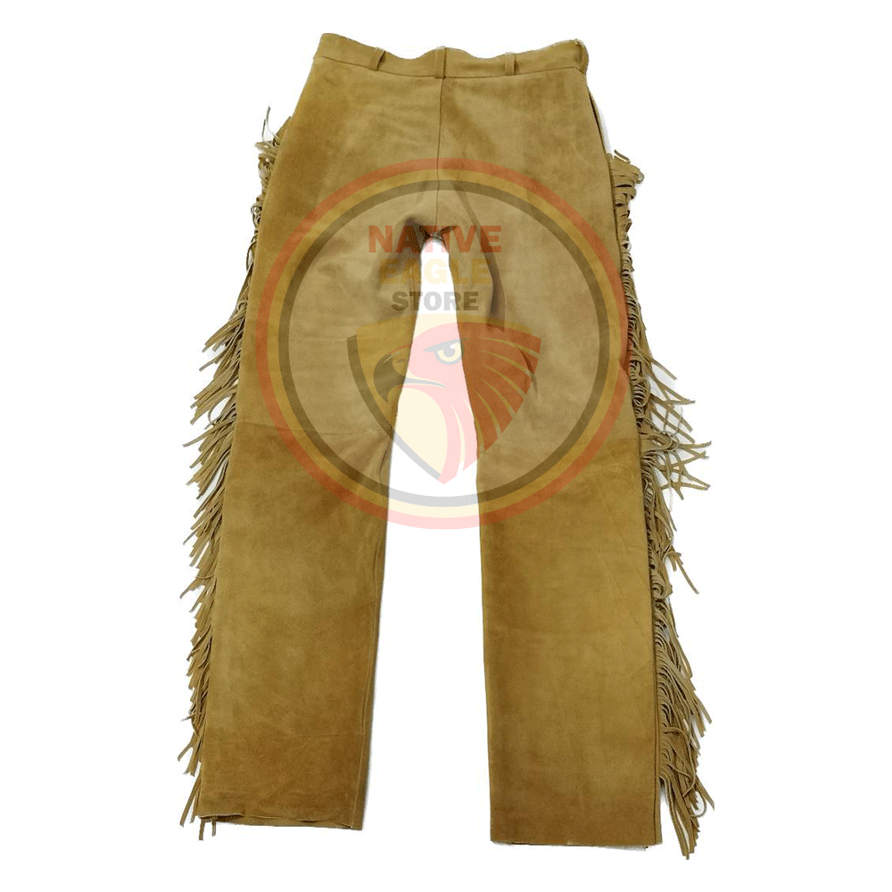 Native Men's Tan Buckskin Suede Leather Fringe Beaded Pants Powwow Pan ...