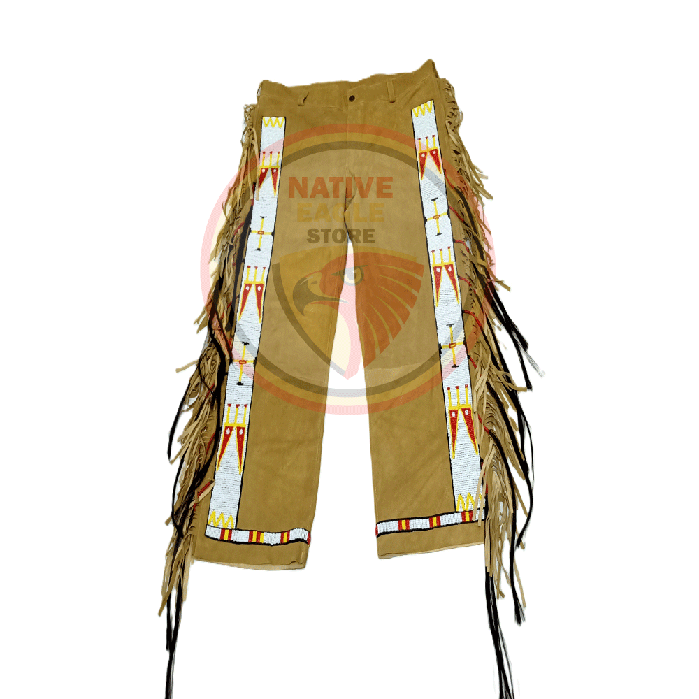 Native Men's Tan Buckskin Suede Leather Fringe Beaded Pants Powwow Pan ...