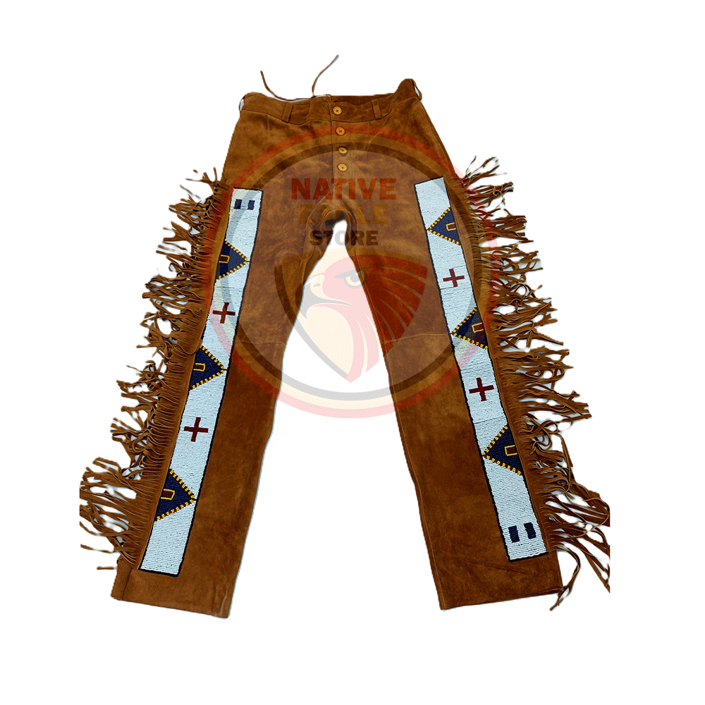 Native Men's Brown Buckskin Suede Leather Fringe Beaded Pants Powwow P ...